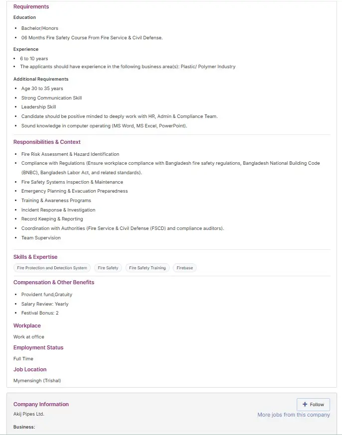 Akij Pipes Limited Job Circular 2026 – Officer (Fire and Safety) - Careerzi